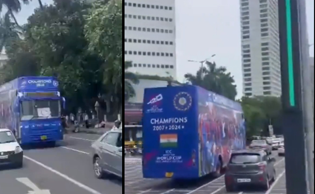 Team India 'special' parade bus reaches Marine Drive ahead of procession